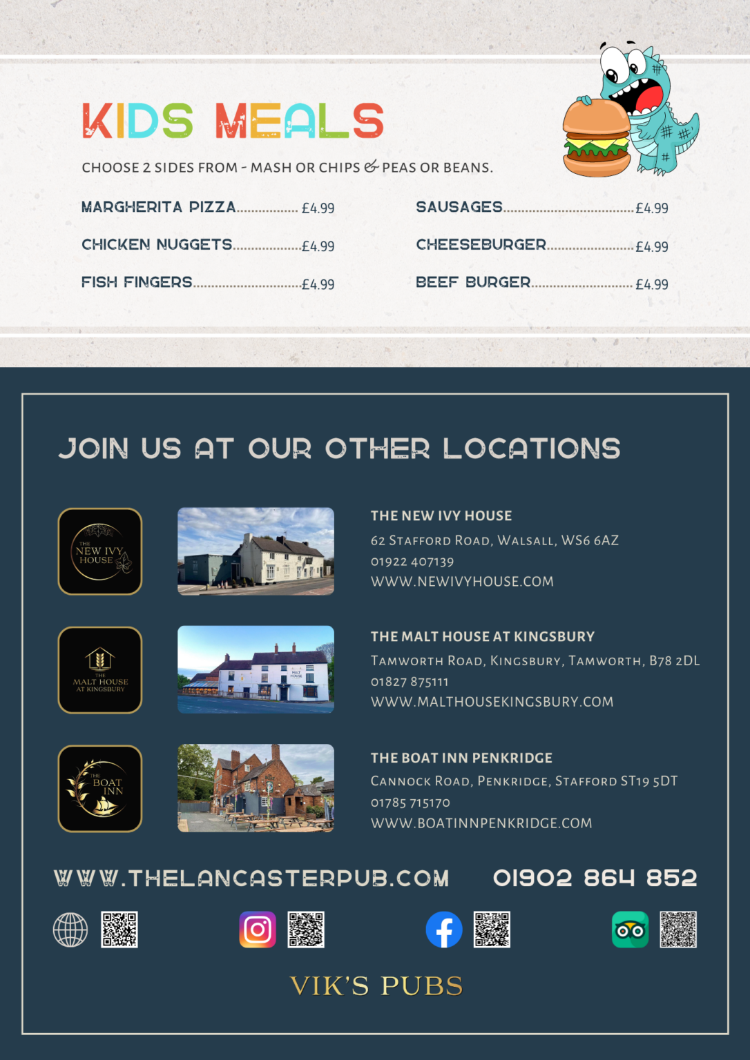 Menus - The Lancaster, Wednesfield - Vik's Pubs LTD